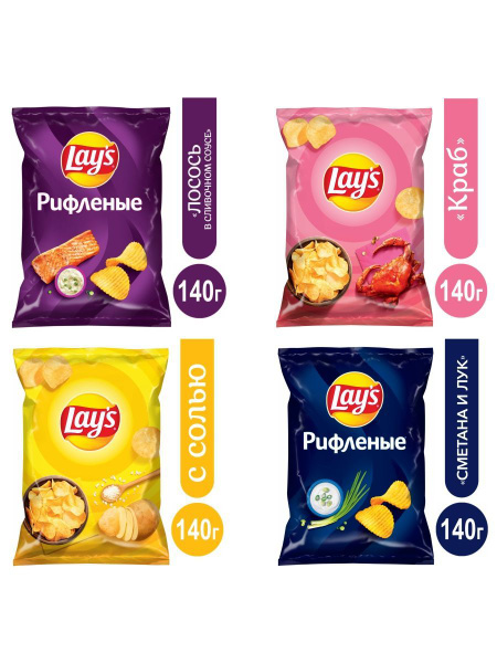 Lays / Лейс Чипсы картофельные, Ассорти 4 вкусов, микс набор по 1 шт ...