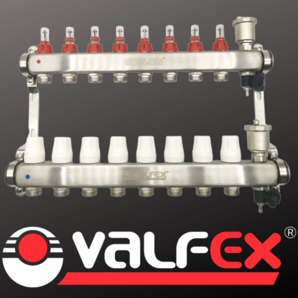 Коллектор VALFEX для теплого пола 1" x 8 выходов 3/4", из нержавеющей стали с регулирующими ...