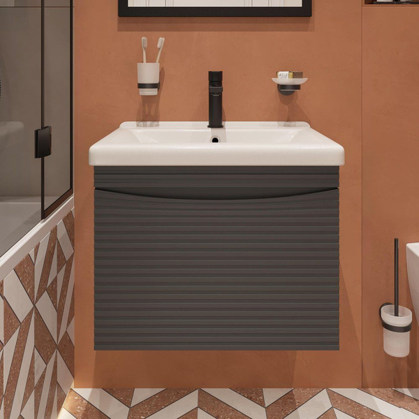 Тумба с раковиной STWORKI Хедмарк 60 подвесная, 60 см, из МДФ, из фаянса, черная, с ящиками ...