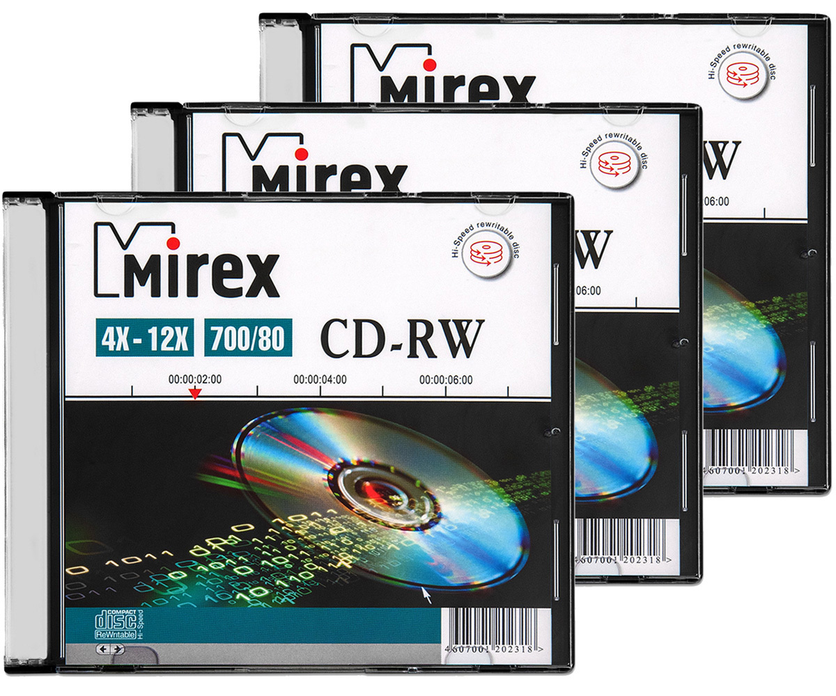 Перезаписываемый диск CD-RW Mirex 700Mb 12x slim box, упаковка 3 шт ...