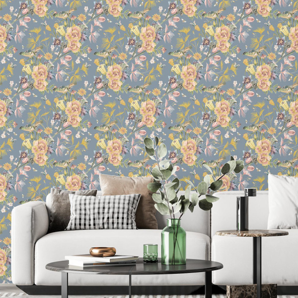 Серые обои с желтыми цветами и птичками decoracion #7050307, 400х280см ...
