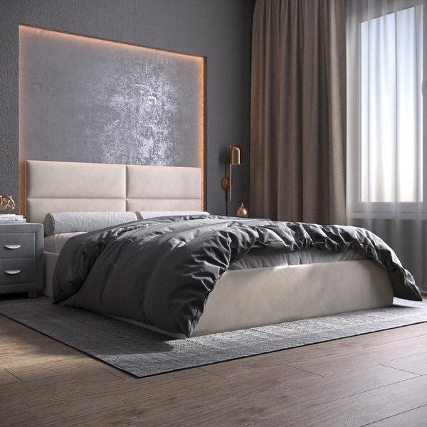 Мягкая кровать с настилом MS Kvadrat велюр слоновая кость, 130х200, без ...