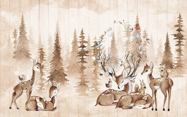 Фотообои бесшовные Оленята на фоне леса В275 см х Ш437 см Master Fresok артикул 14-228.1 ...