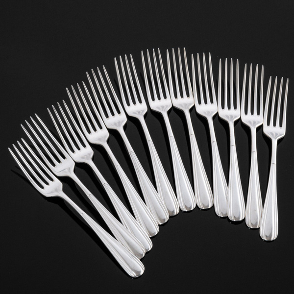 Набор вилок лаконичной формы на 12 персон, сплав металлов, серебрение, Берндорфская фабрика ...