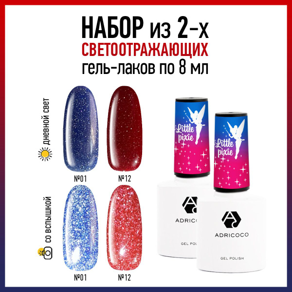 Adricoco Светоотражающий гель лак для ногтей с блестками Little Pixie №12+№01 - купить с ...