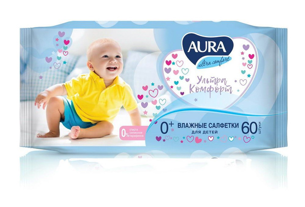 Влажные салфетки AURA ULTRA COMFORT для детей 60 штук - купить с ...