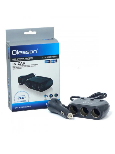 Разветвитель прикуривателя Olesson 3 гнезда 2usb вольтметр купить по