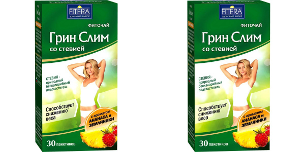 Грин Слим Чай зеленый Слим Ананас и Земляника со Стевией, 30 пакетиков ...