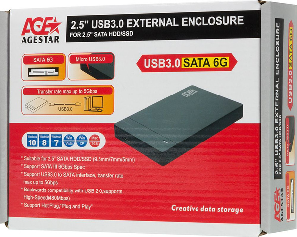 Внешний корпус для HDD/SSD AgeStar 3UB2P3 SATA III USB3.0 пластик черный 2.5" - купить с ...