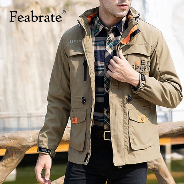 Ветровка Мужской Feabrate Капюшон, Карманы хаки отложной Полиэфир, размер 54 Длинный Демисезон ...