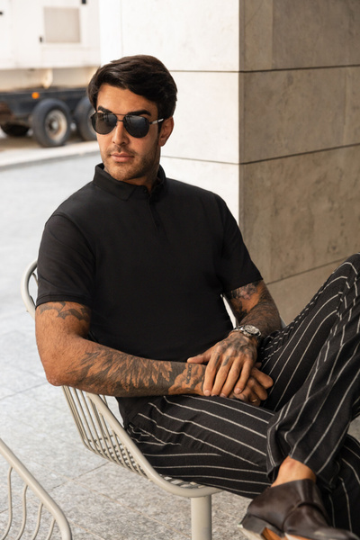 Поло Мужской NuCode черный Короткий, размер 48 Хлопок, Полиэстер Однотонный прямой Воротник ...