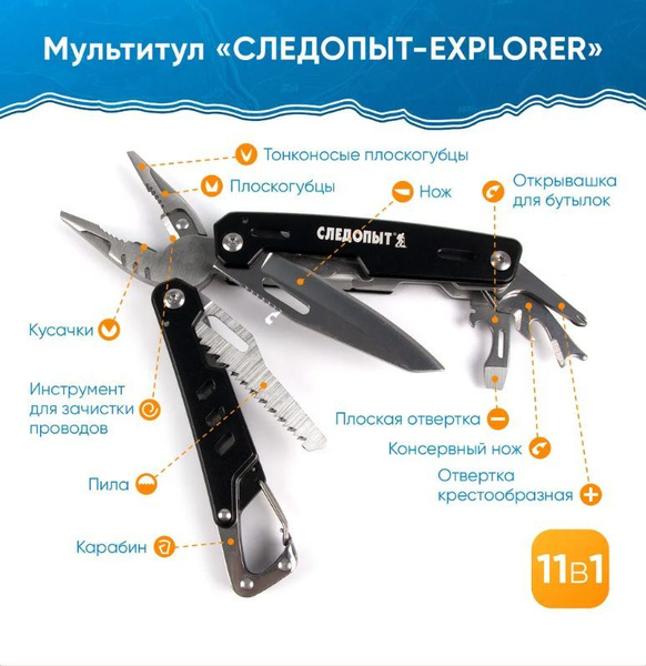 Мультитул-плоскогубцы Следопыт EXPLORER PF-MT-20 (11 предметов), в ...