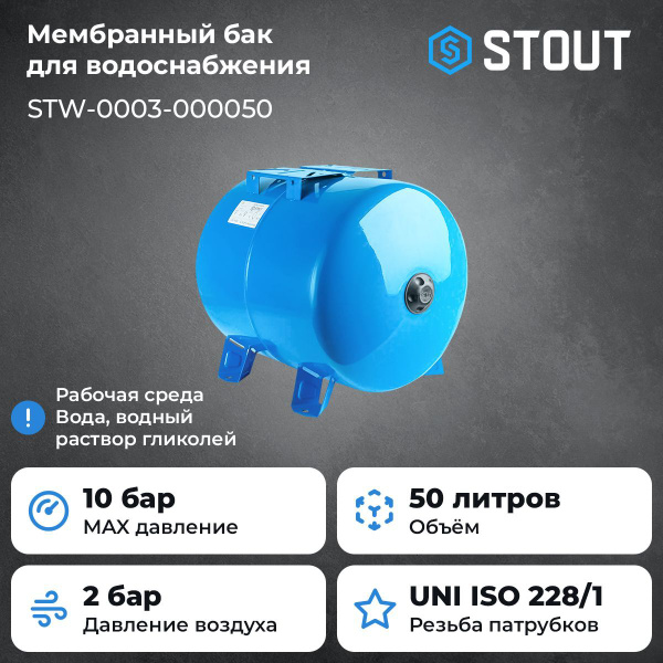 Мембранный бак, STOUT, для водоснабжения 50л горизонтальный, синий, STW ...