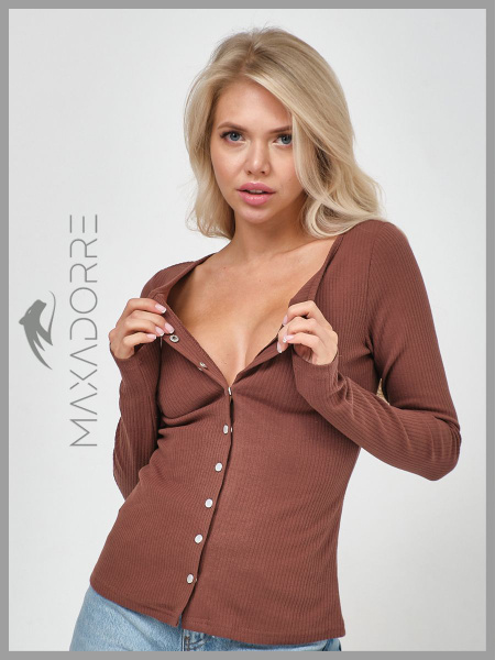 Лонгслив Женский MAXADORRE коричневый Длинный, размер 44 Текстиль В рубчик приталенный ...