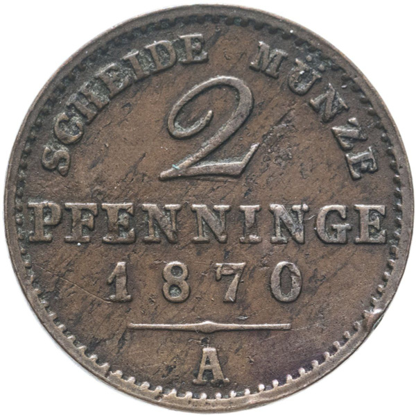 Германия Пруссия 2 пфеннига 1870 Знак монетного двора "A" Берлин, Медь, в сохранности VF ...