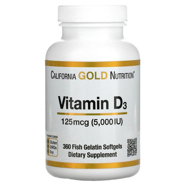 California Gold Nutrition, витамин D3, 125 мкг (5000 МЕ), 360 капсул из ...