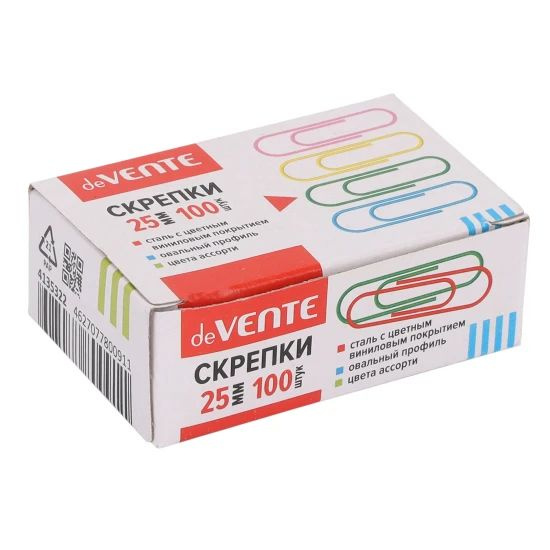 Скрепки 25 мм, 100 шт, овальная, цветное, цвет ассорти, картонная ...