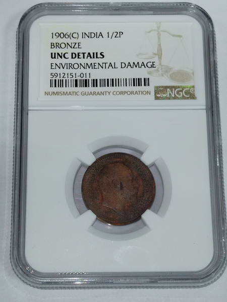 Британская Индия 1/2 пайса 1906. Экспертное заключение NGC UNC. Времен правления Короля Эдварда ...
