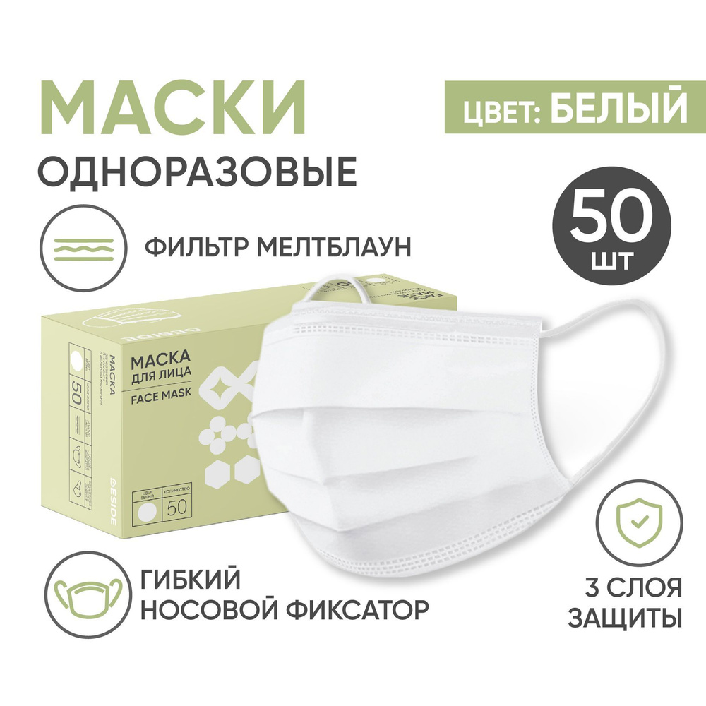 Маски медицинские одноразовые для лица BESIDE, 50 шт., белые ...