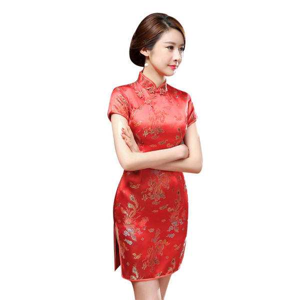 MUSTY Women Chinese Dragon Phoenix Embroidery High Neck Short Sleeve ...