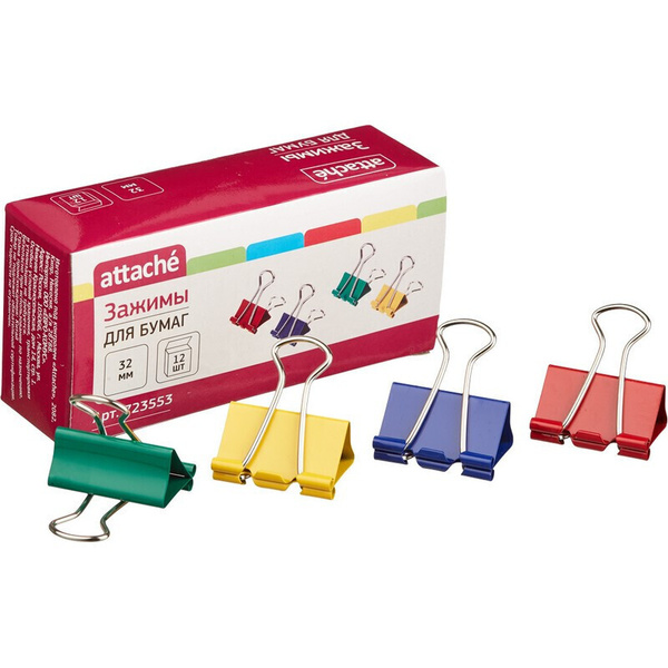 Зажим для бумаг Attache, 32 мм, 12 шт., цветные, в карт.коробке - купить с доставкой по выгодным ...
