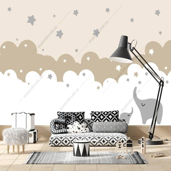 Фотообои бесшовные Облака и слоник В260 см х Ш405 см Master Fresok артикул 12-846 флизелиновые ...