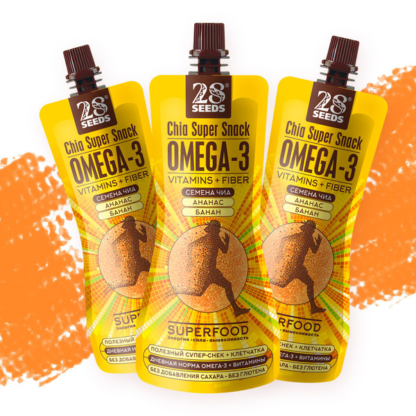 Супер-снек 28SEEDS, смузи без сахара Чиа Омега-3 Ананас и Банан 28SEEDS 3 шт, 150 мл, омега 6 ...