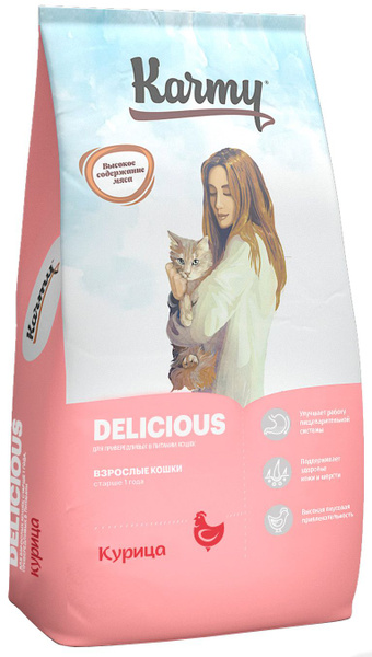 Корм Karmy Delicious для кошек, привередливых к еде, с курицей, 10 кг ...