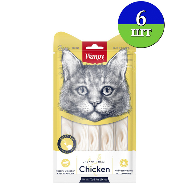 Лакомство для кошек Wanpy Нежное пюре из курицы, 420 гр (70 гр х 6 шт ...