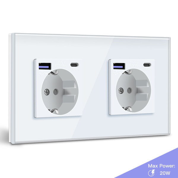 Розетка электрическая двойная с Usb и Type C входами быстрая зарядка 20w рамка закаленное