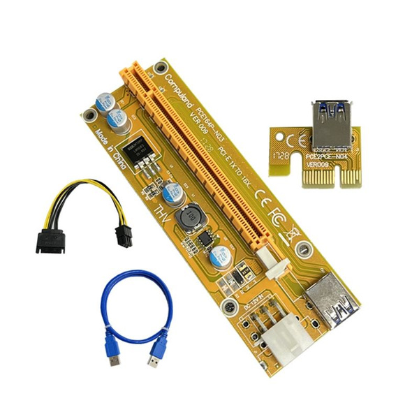 Желтая 009S PCI-E Riser Card VER009 PCIE 1X-16X Extender 6-контактный ...