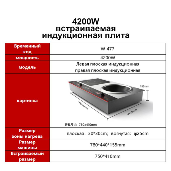 4200W встраиваемая индукционная и инфракрасная плита, Временный код W ...