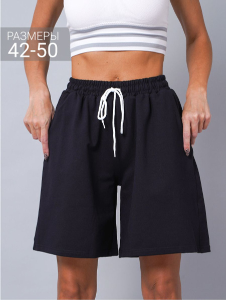 Шорты Женский VAVILON ROOM Повседневный черный, размер 48 Трикотаж Бег, Танцы Завязки Карманы ...