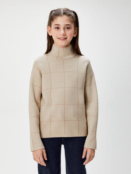 Свитер Девочки Acoola бежевый Трикотаж, размер 140 Без застежки прямой Длинный Клетка Бангладеш ...