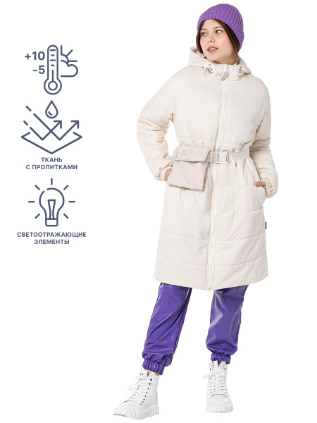 Пальто утепленное Девочки NIKASTYLE Капюшон белый Полиэстер, размер 164 Длинный Демисезон ...