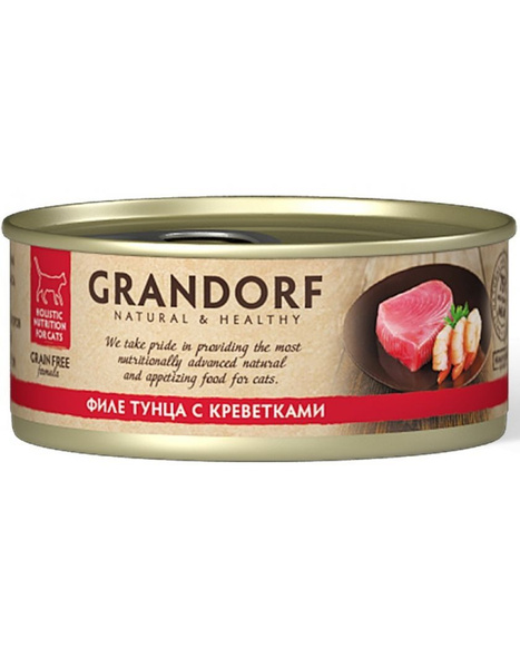 Влажный корм для кошек Grandorf, филе тунца с креветками, для всех ...