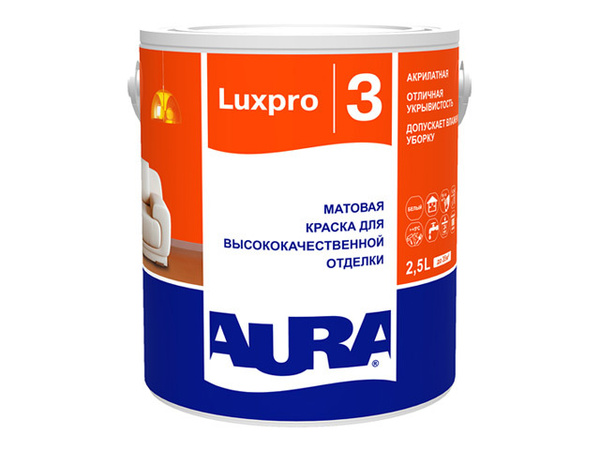 Краска в/д AURA Luxpro 3 интерьерная, матовая 2,5л, арт.4607003916404 (kraska), Полуглянцевое ...