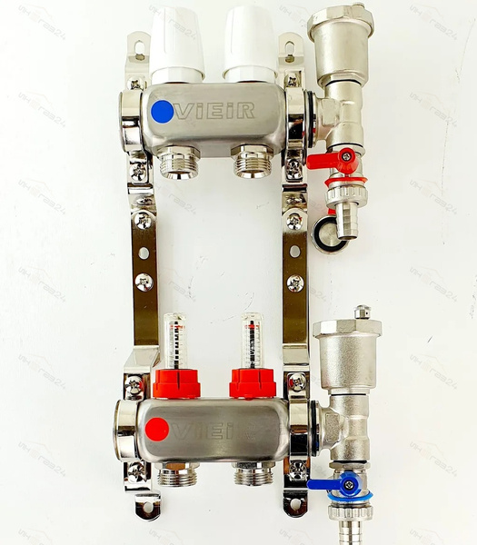 Коллектор для теплого пола 2 контура в сборе распределительный с расходометрами 1"x3/4" VIEIR ...