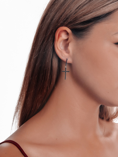 Серьги женские серебро 925 кресты; крестики висячие длинные; черные ...
