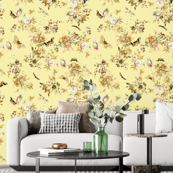 Светло-желтые обои с цветами и бабочками decoracion #7052107, 300х280см ...