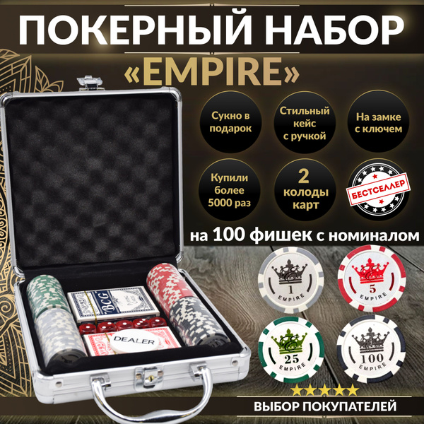 Покерный набор Empire, 100 фишек 11.5г, с номиналом, в алюминиевом ...