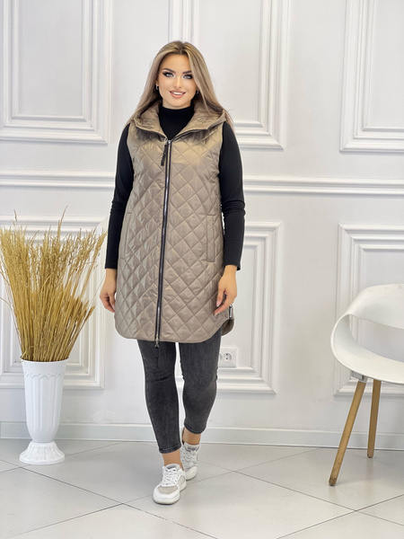 Жилет Женский Jyldyz светло-коричневый, коричневый Плащевка, размер 54 Капюшон оверсайз Без ...