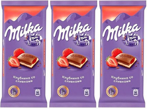 Шоколад Milka молочный клубника со сливками, комплект: 3 упаковки по 85 ...