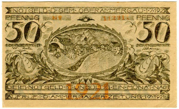 Нотгельд Обераммергау. Номинал 50 пфеннигов. Веймарская республика (Германия). 1921 год. купить ...