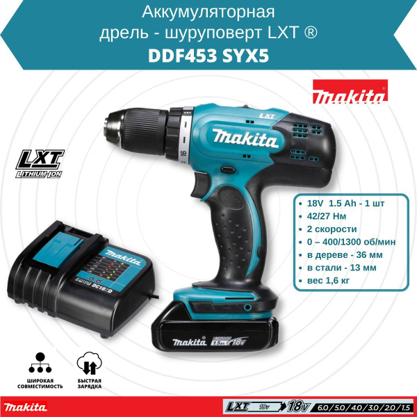 Дрель-шуруповерт Makita DDF453SYX5, От аккумулятора - купить по низкой ...