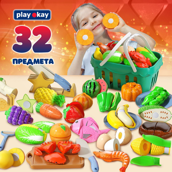 Фрукты и овощи на липучке Play Okay, 32 предмета, игрушечные продукты с ...