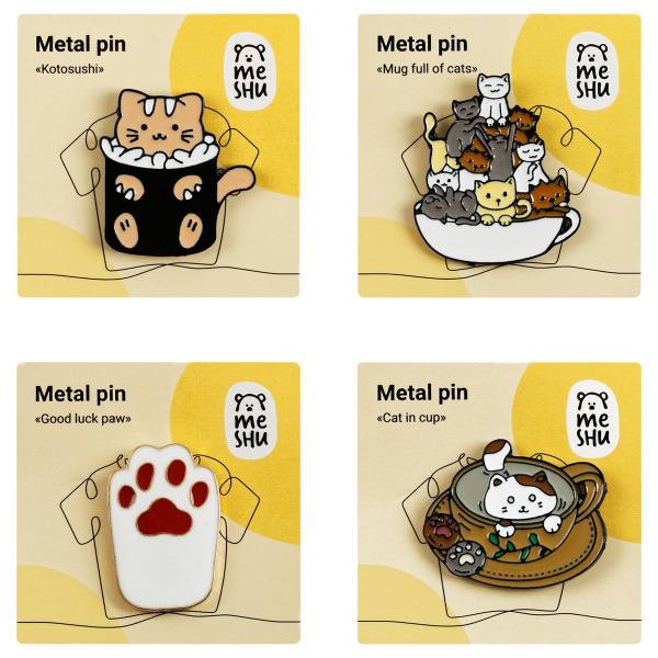Набор металлических значков MESHU "Сat compilation", эмаль, 4 штуки ...