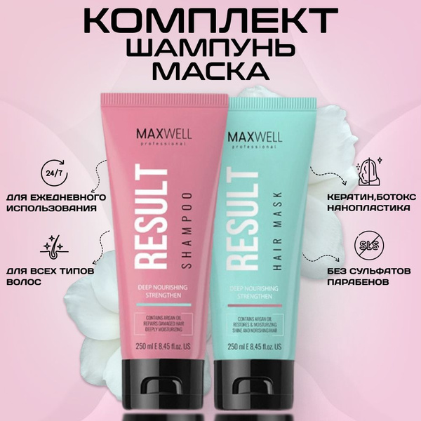 Бессульфатный женский шампунь для волос Maxwell RESULT и увлажняющая маска, набор 2х250мл ...