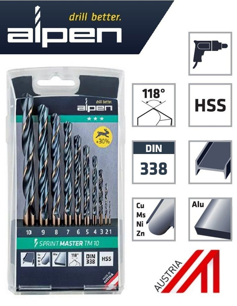 Набор сверл по металлу 10 пр. ALPEN Sprint Master TM 1.0-10.0х1.0 мм ...