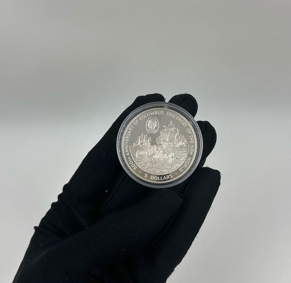 Монета Каймановы Острова 5 долларов 1988 год Христофор Колумб "500 лет Открытия Америки" Серебро ...